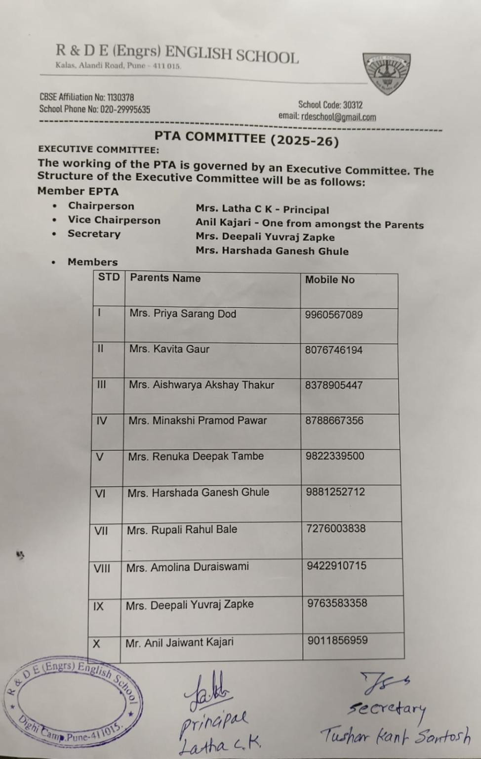 PTA Committee – R&DE English Medium School
